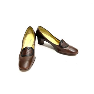Vintage 1960s Mod Pilgrim Heels // Brown Leather Brogue Elastic Vamp ...