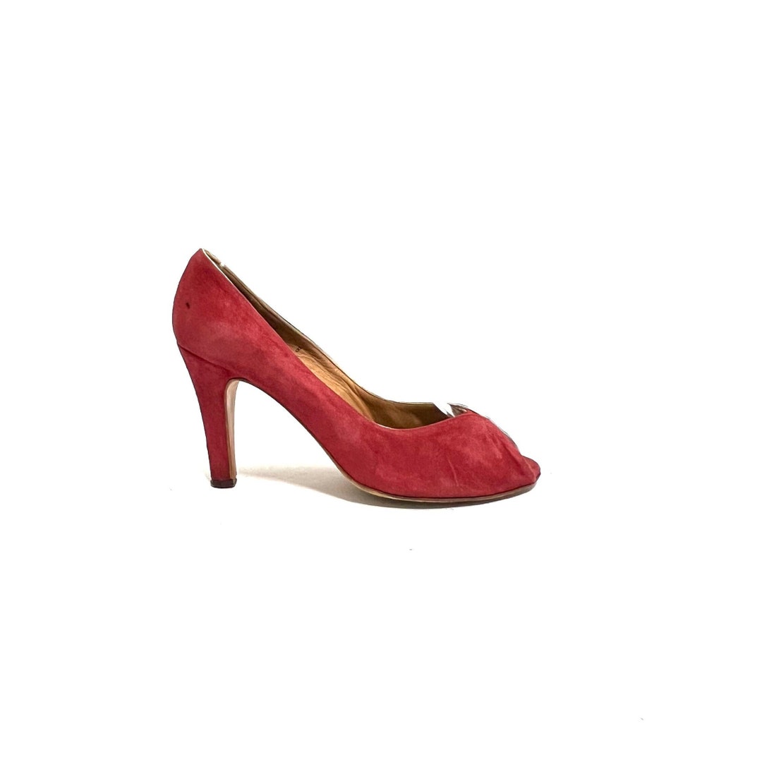 Vintage 1960s Peep Toe Pumps // Red Suede Silver Accent Slip on Heels ...