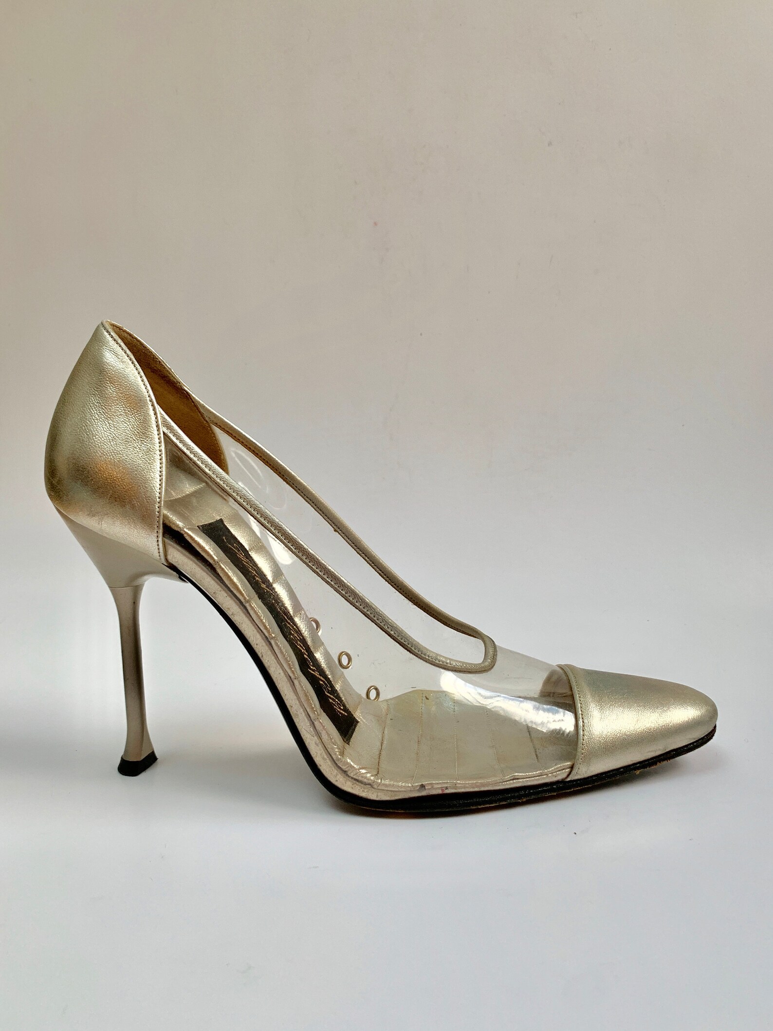 Vintage 1980s Stiletto Pumps // Silver and Vinyl High Heel Shoes by ...