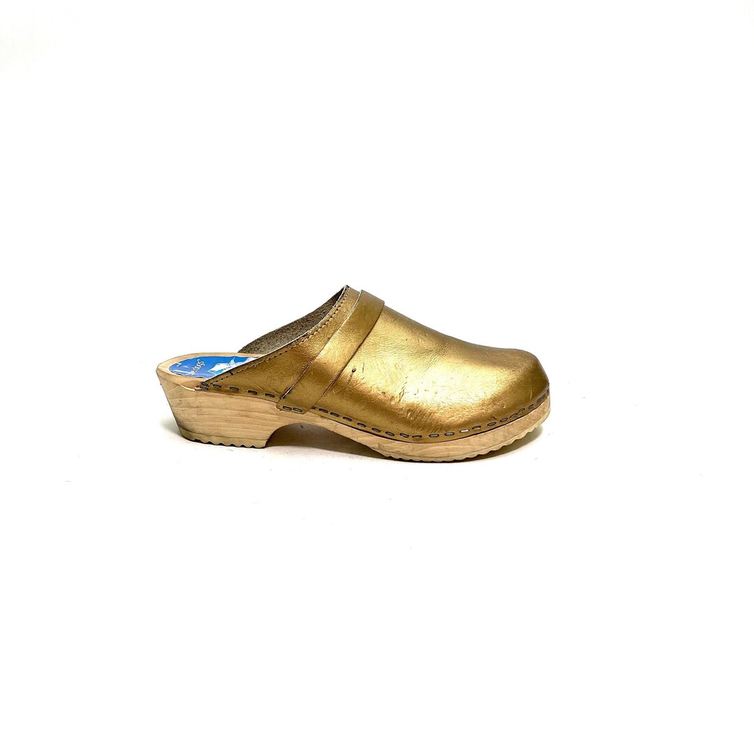 Vintage 1990s Swedish Wooden Clogs // Bronze Leather Slip on Round Toe ...