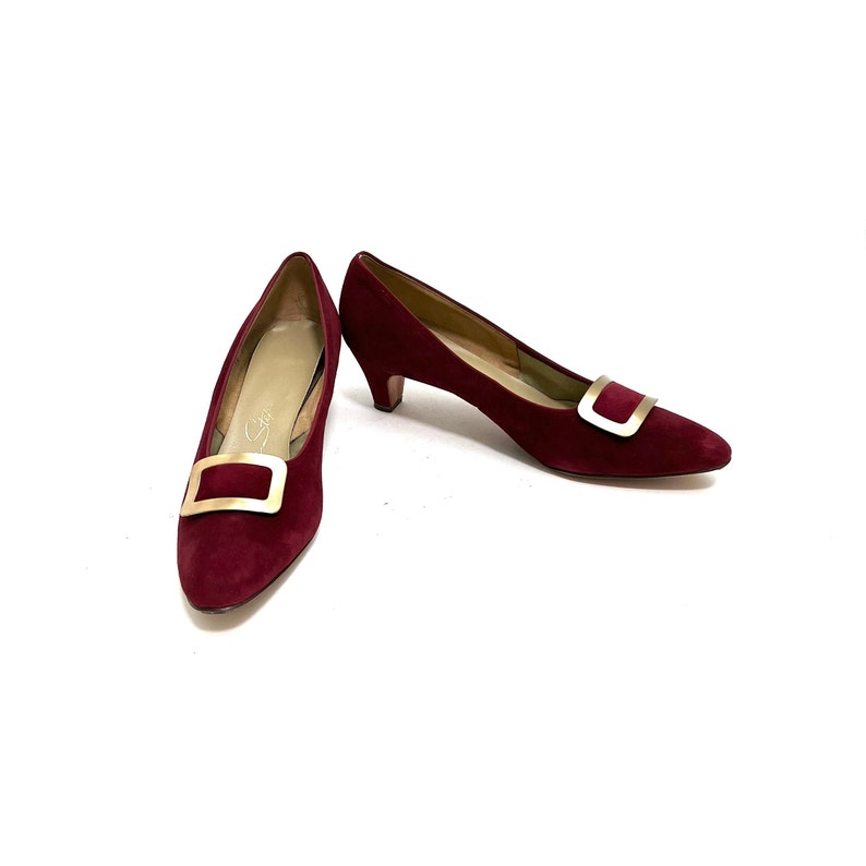 Vintage 1980s Deadstock Pilgrim Heels // Maroon Suede Slip on Buckle ...