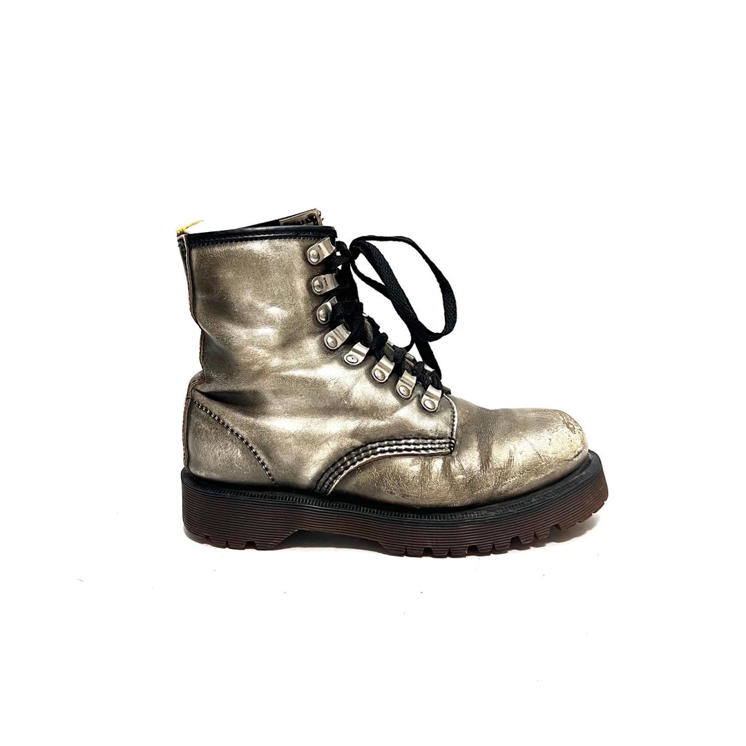 Vintage 1990s Metallic Combat Boots // Gray Leather Lace up Platform ...