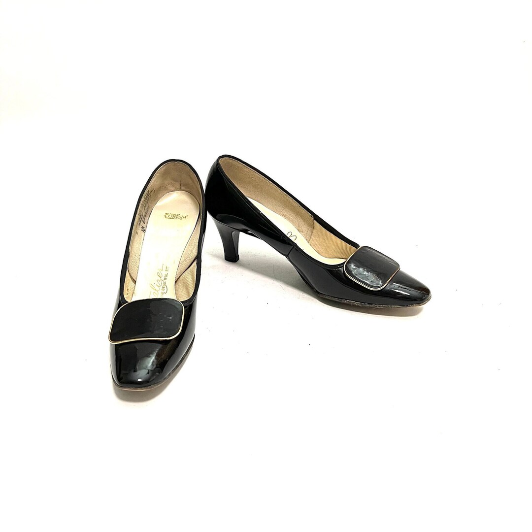 Vintage 1960s Mod Pilgrim Heels // Vegan Black Patent Leather Oversized ...