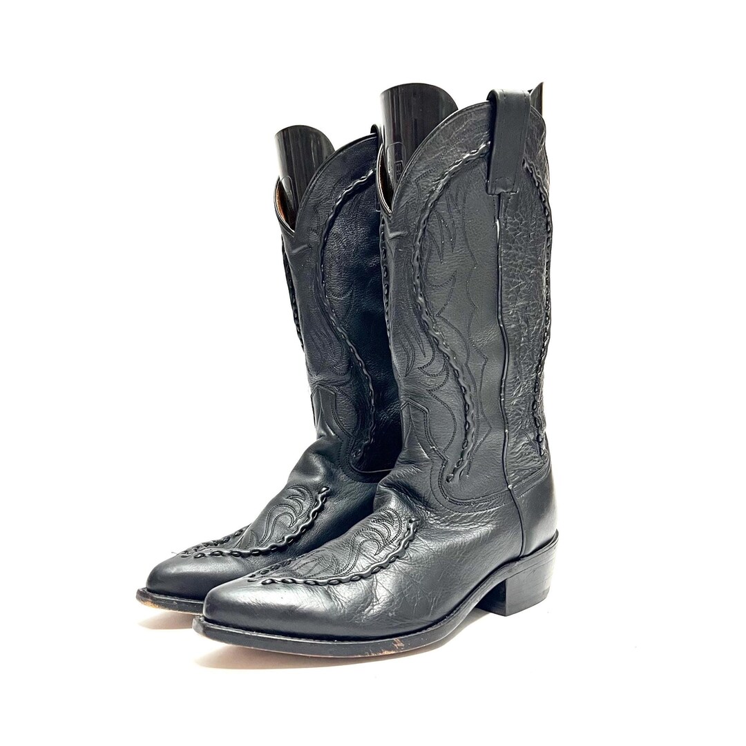 Vintage 1980s Mens Cowboy Boots // Black Leather Pointed Toe Pull on ...
