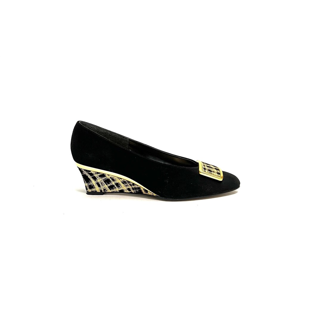 Vintage 1970s Gold Painted Wedges // Black Suede Oversize Buckle Slip ...