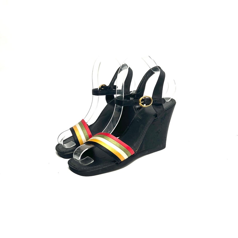 Vintage 1940s Wedge Heels // Black Satin Striped Ribbon Open Toe Pin up ...
