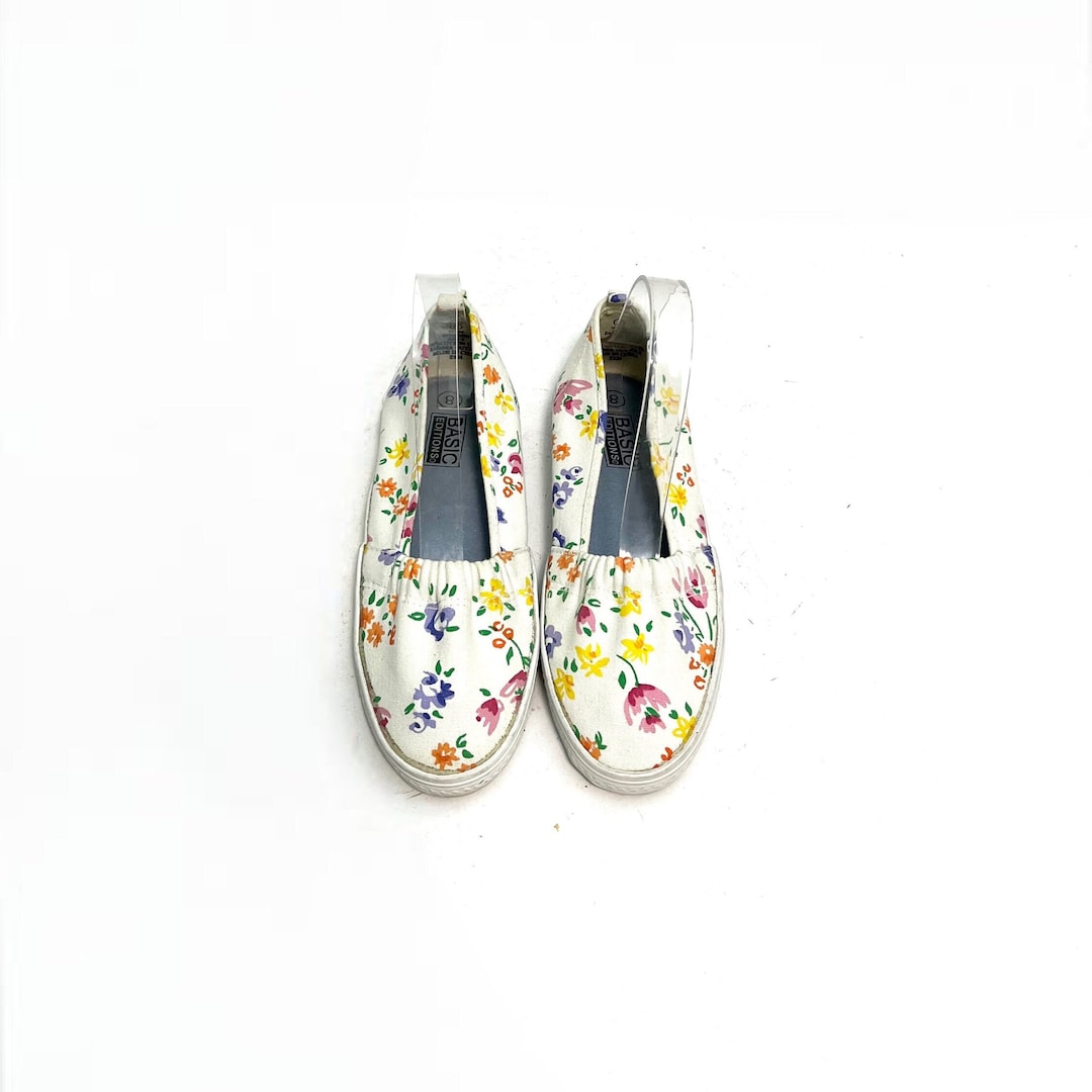Vintage 1990s Floral Sneakers // White Canvas Slip on Elastic Walking ...