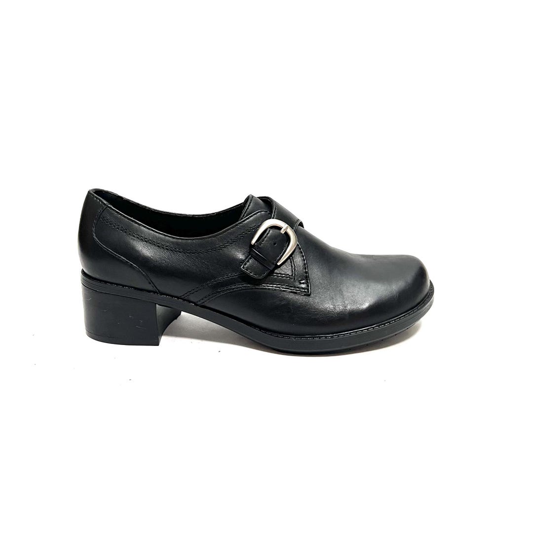 Vintage 1990s Pilgrim Buckle Clogs // Black Leather Chunky Goth Heels ...