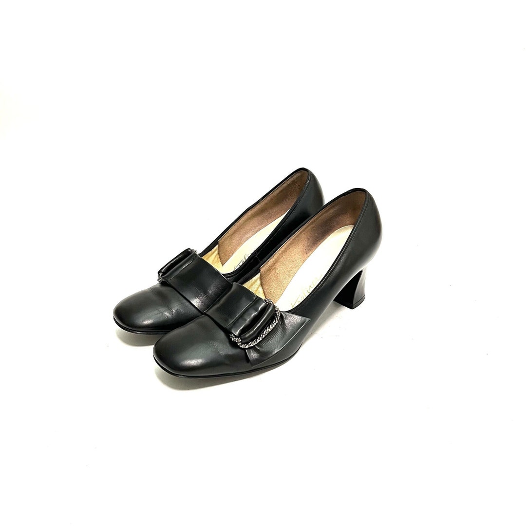 Vintage 1960s Mod Buckle Pilgrim Heels // Black Leather Wide Strap Slip ...