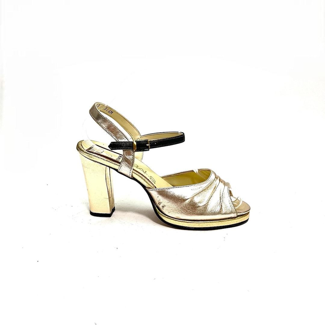 Vintage 1960s Platform Heels // Gold Metallic Leather Open Toe ...
