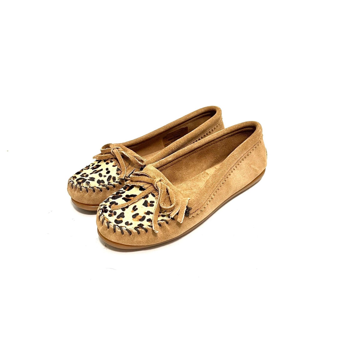 Vintage Y2K Leopard Print Pony Hair Moccasins // Tan Suede Kiltie ...