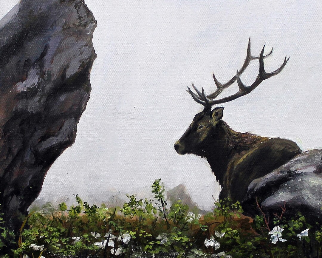 Elk in Mist Oil Painting Art Print: Wildlife Canvas Wall Art - Etsy