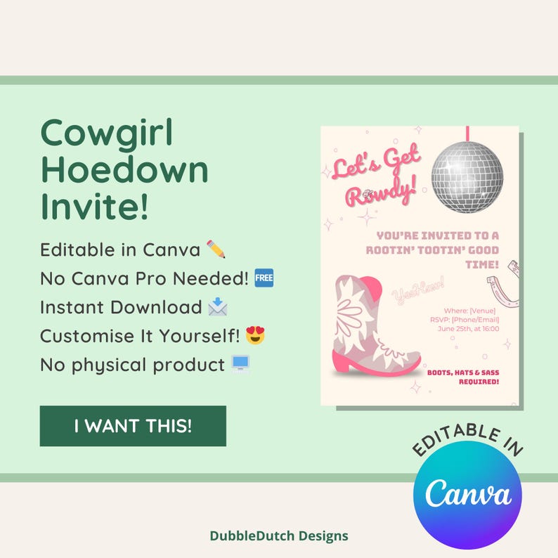 Editable Cowgirl Hoedown Invitation Template – Canva Instant Download ...