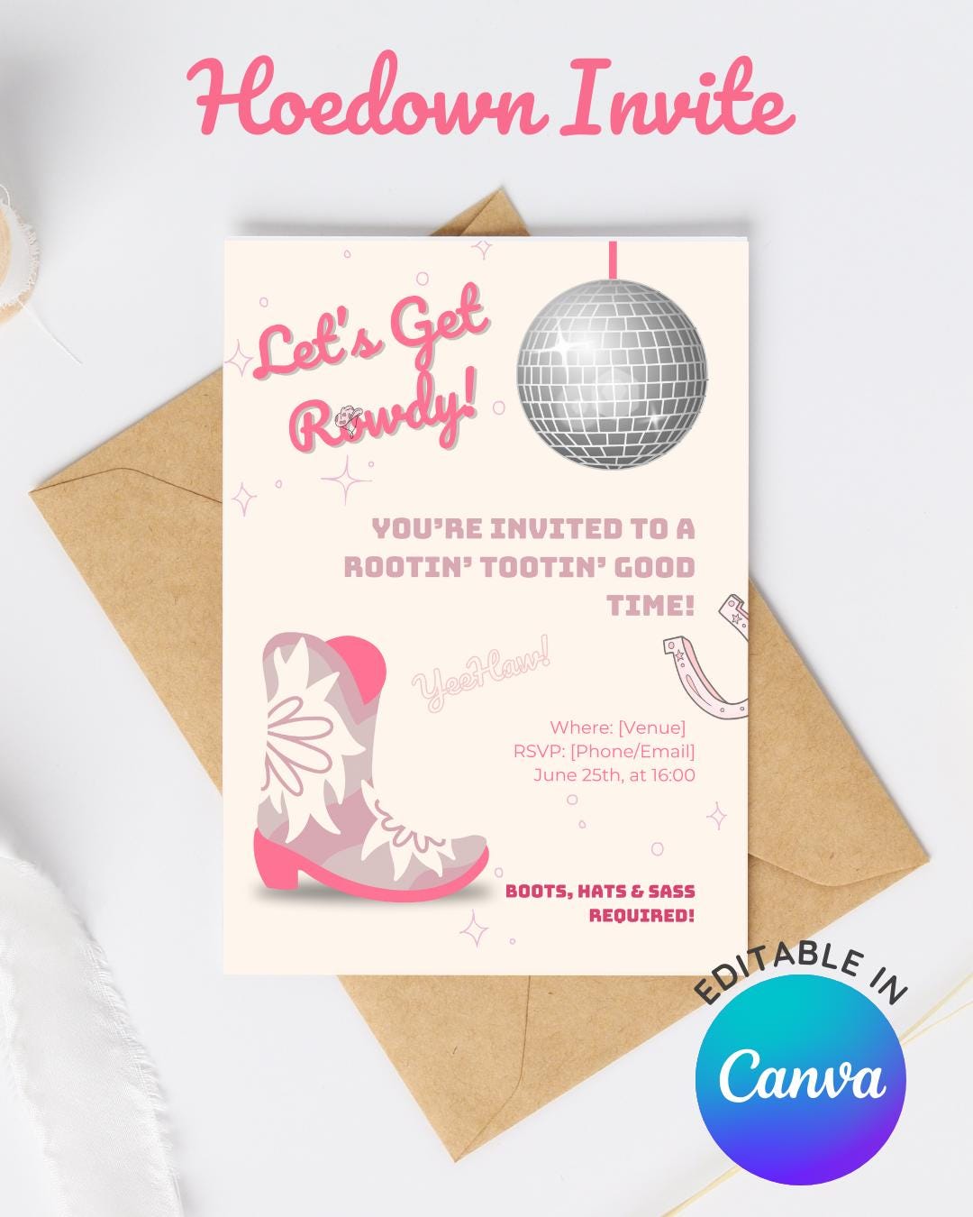Editable Cowgirl Hoedown Invitation Template – Canva Instant Download ...