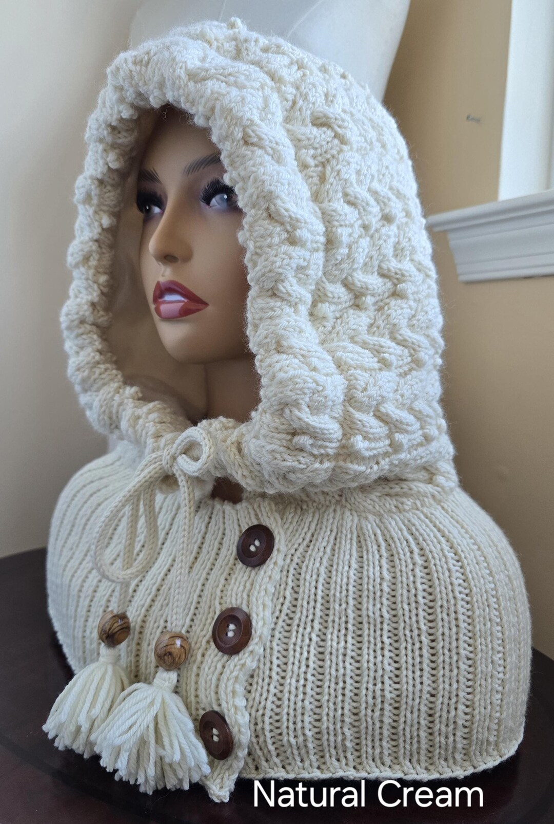 MORE COLORS - Cabled Hoodie Cowl With Fleece Lining and Button Neck in ...