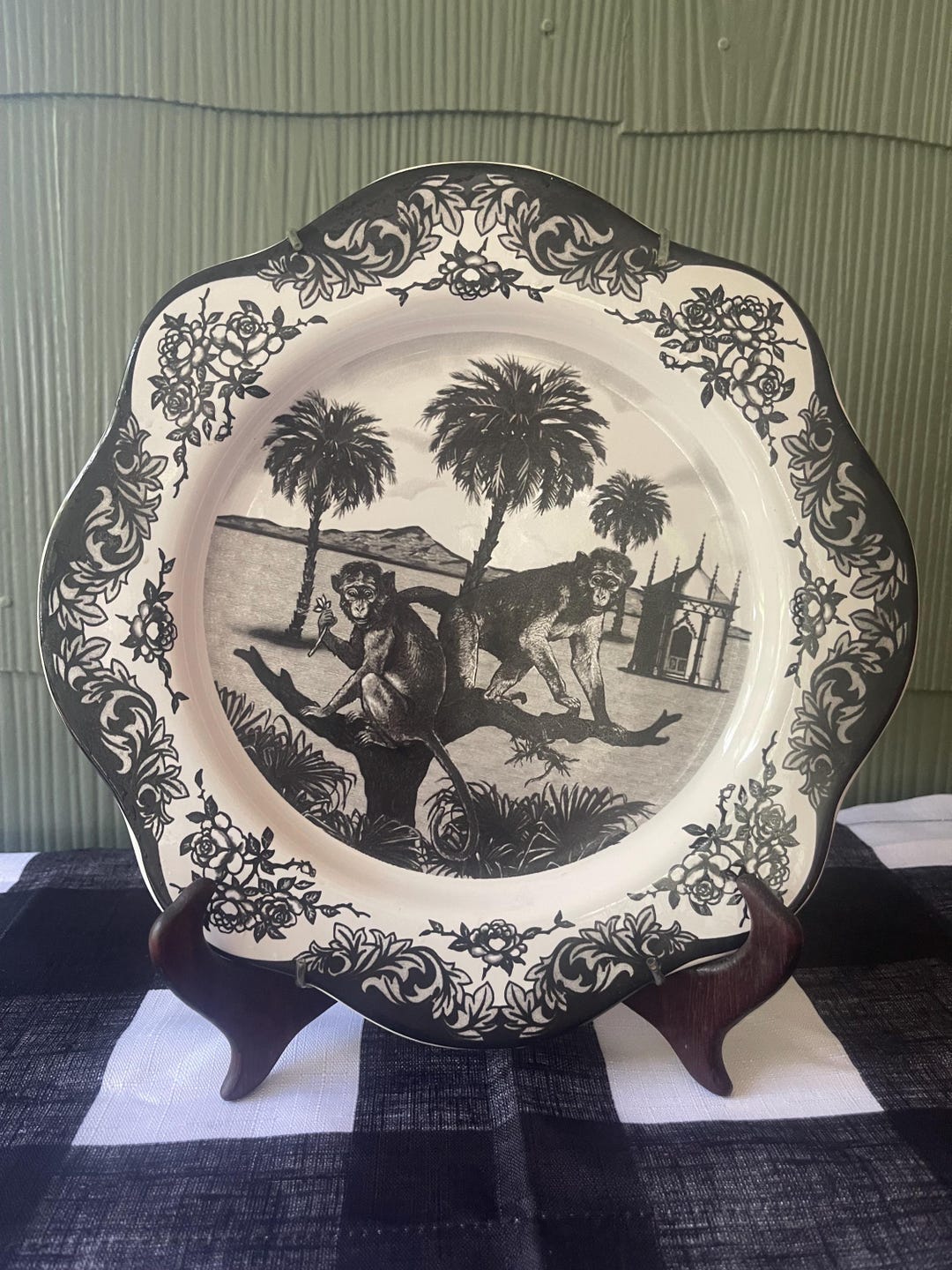 Vintage Black and White Elephant and Monkey Plates, 10" Plate, Unmarked ...