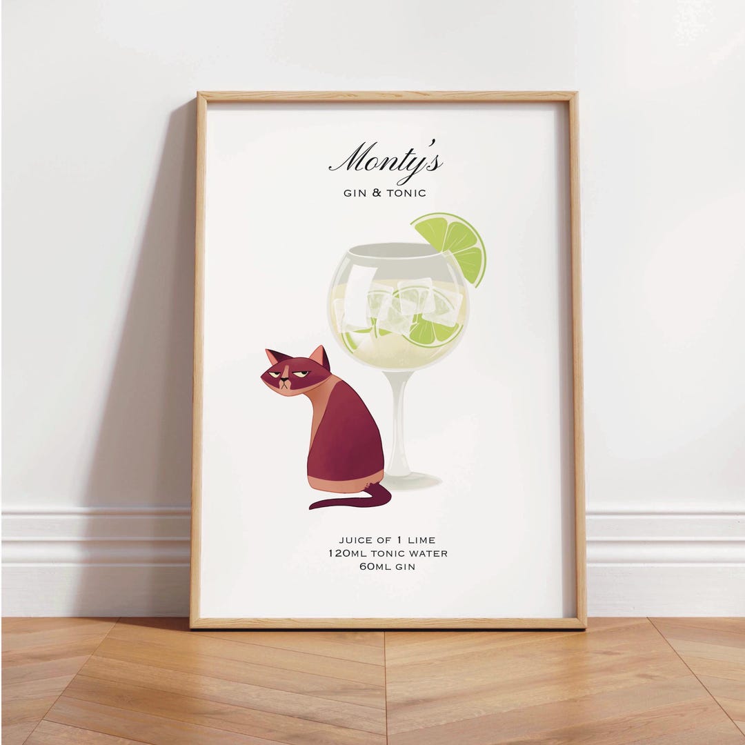 Gin and Tonic Cat Portrait: Custom Hand-illustrated Pet Poster (digital ...