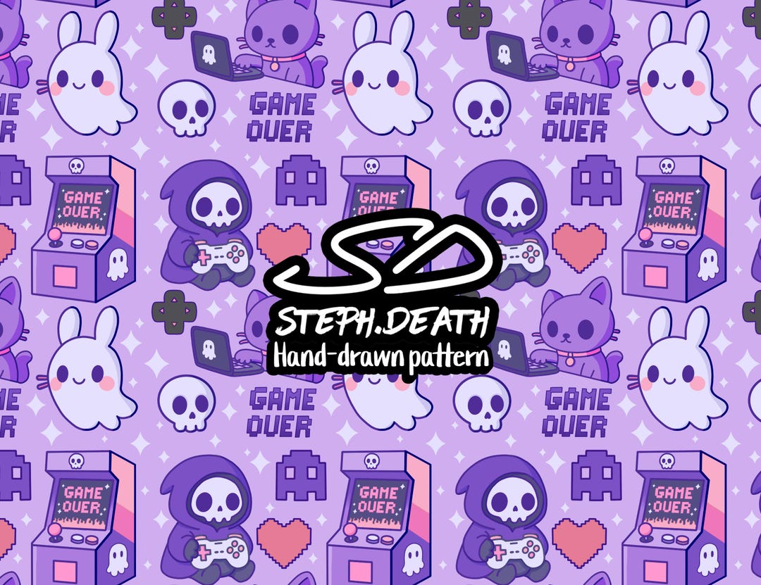 Afterlife Arcade Gothic Kawaii Seamless Repeating Pattern, Hand Drawn ...