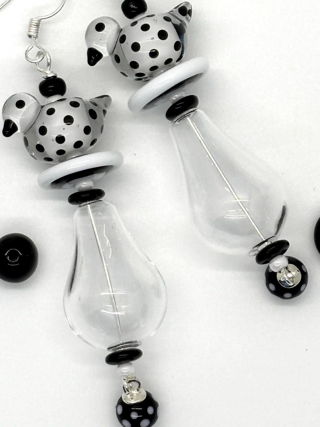 Black and White, Polka Dot, Elegant, Bird, OOAK, Lampwork Earrings - Etsy