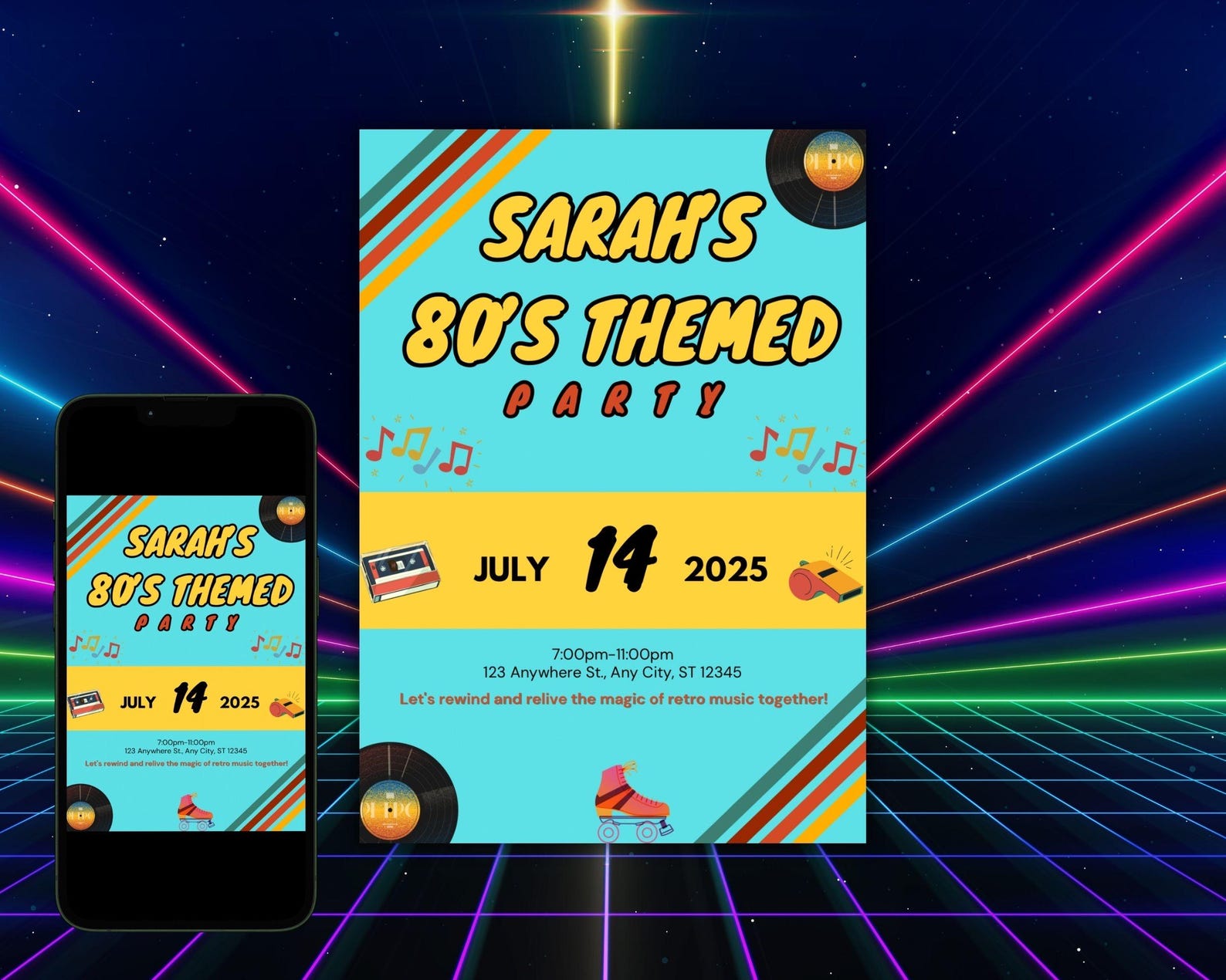 80s Party Invitation | Digital Retro Party Invite | Editable Canva ...