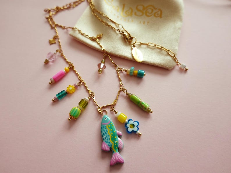 Hand-painted Clay Summer Colorful Charm Necklace | Fish Seashell Ocean ...