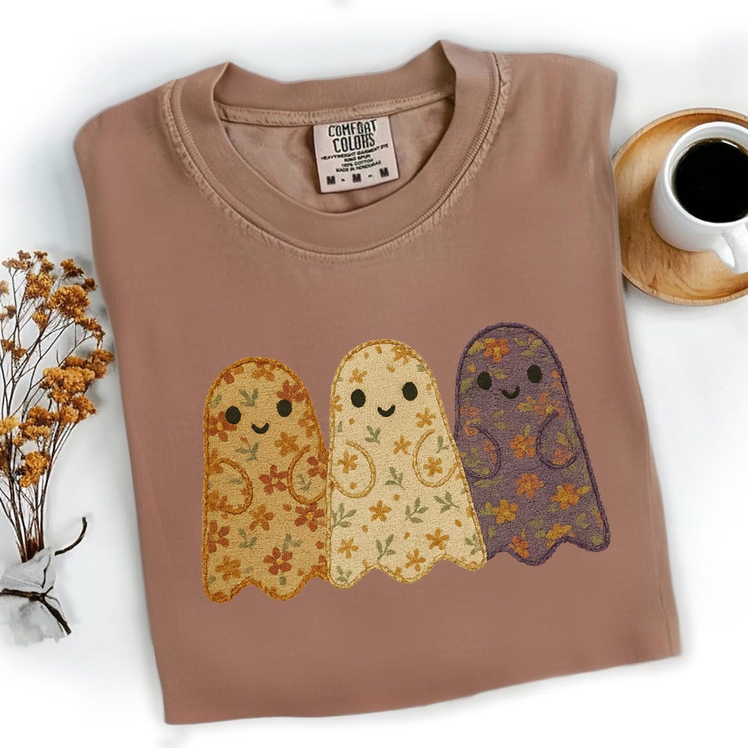 Preppy Floral Ghost PNG, Cozy Fall Halloween Ghosts, Faux Embroidery ...