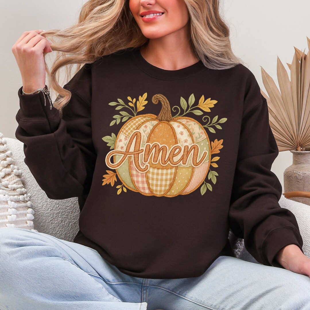 Amen Pumpkin Faux Embroidery PNG, Christian Fall Patchwork Pumpkin ...