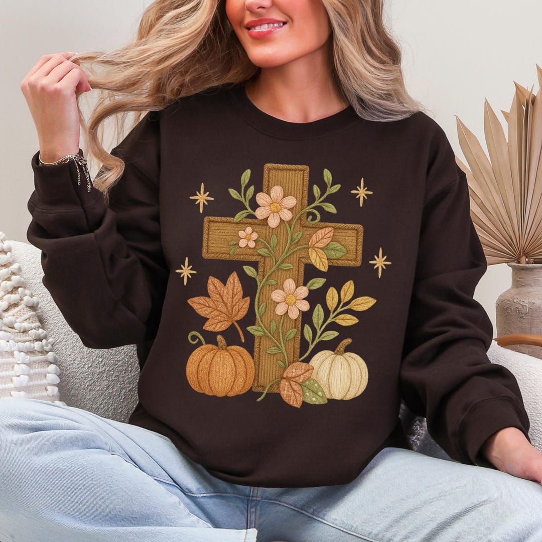 Fall Cross Faux Embroidery PNG, Christian Floral Cross With Pumpkins ...
