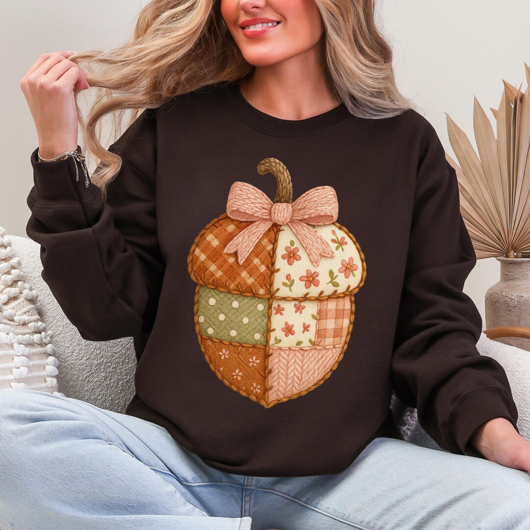 Acorn Faux Embroidery PNG, Patchwork Fall Acorn With Bow, Autumn Boho ...