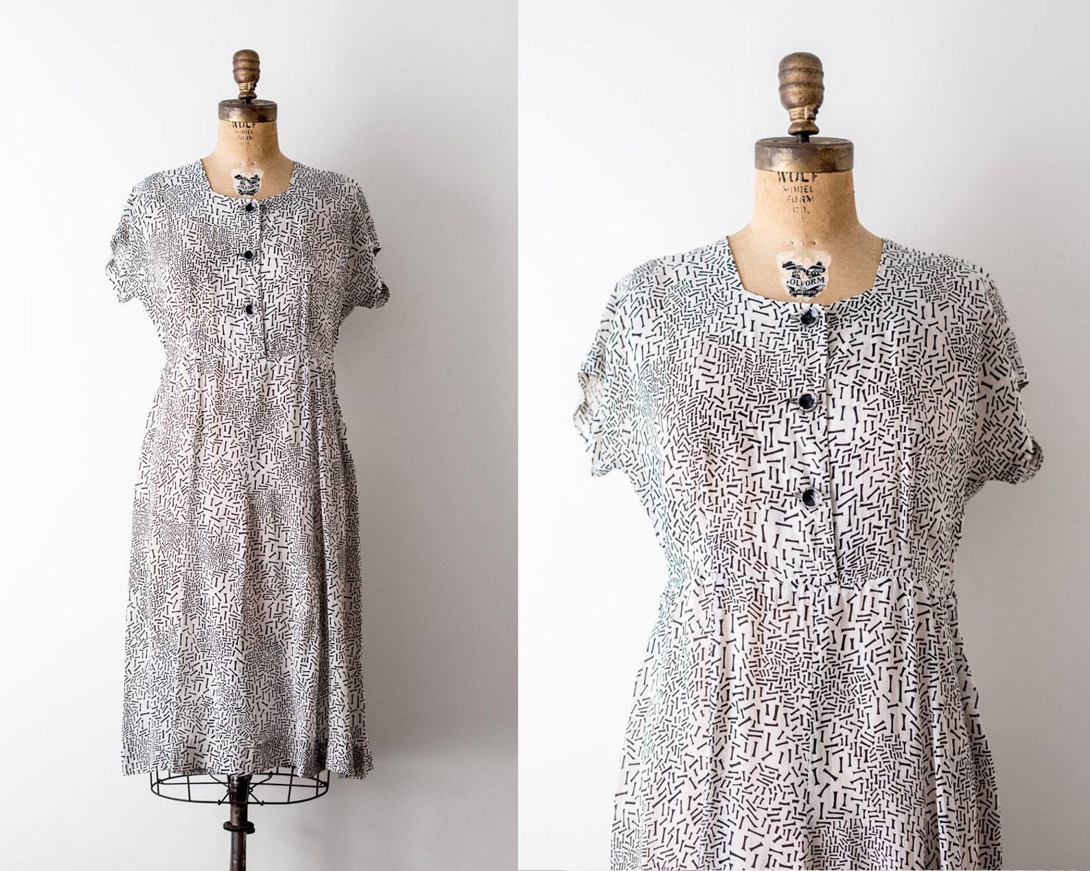 40's Print Dress. Vintage 1940 Silk Dress. Black & White Checked ...