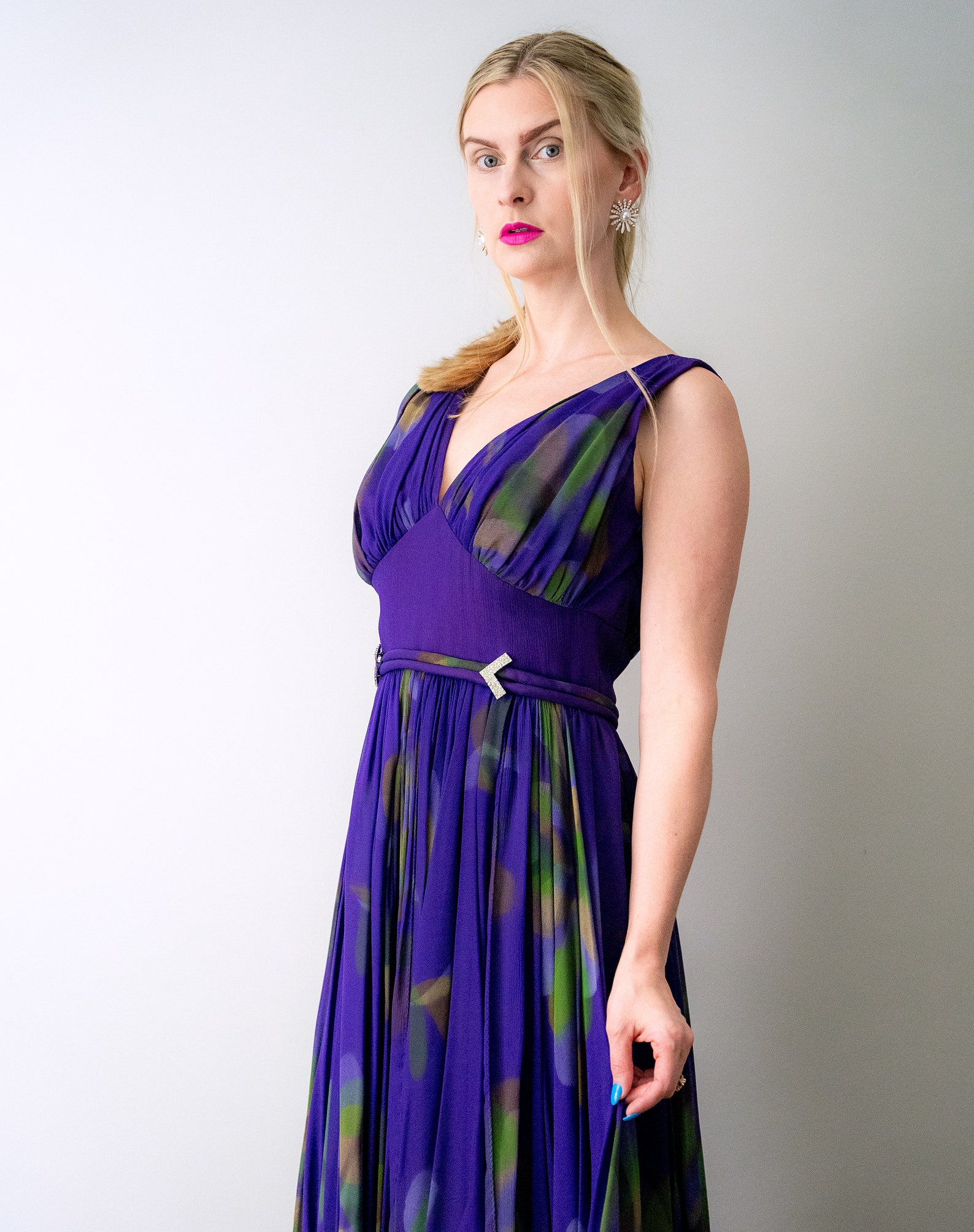 1960's Purple Chiffon Gown. 60's Watercolor Floral Dress. M ...