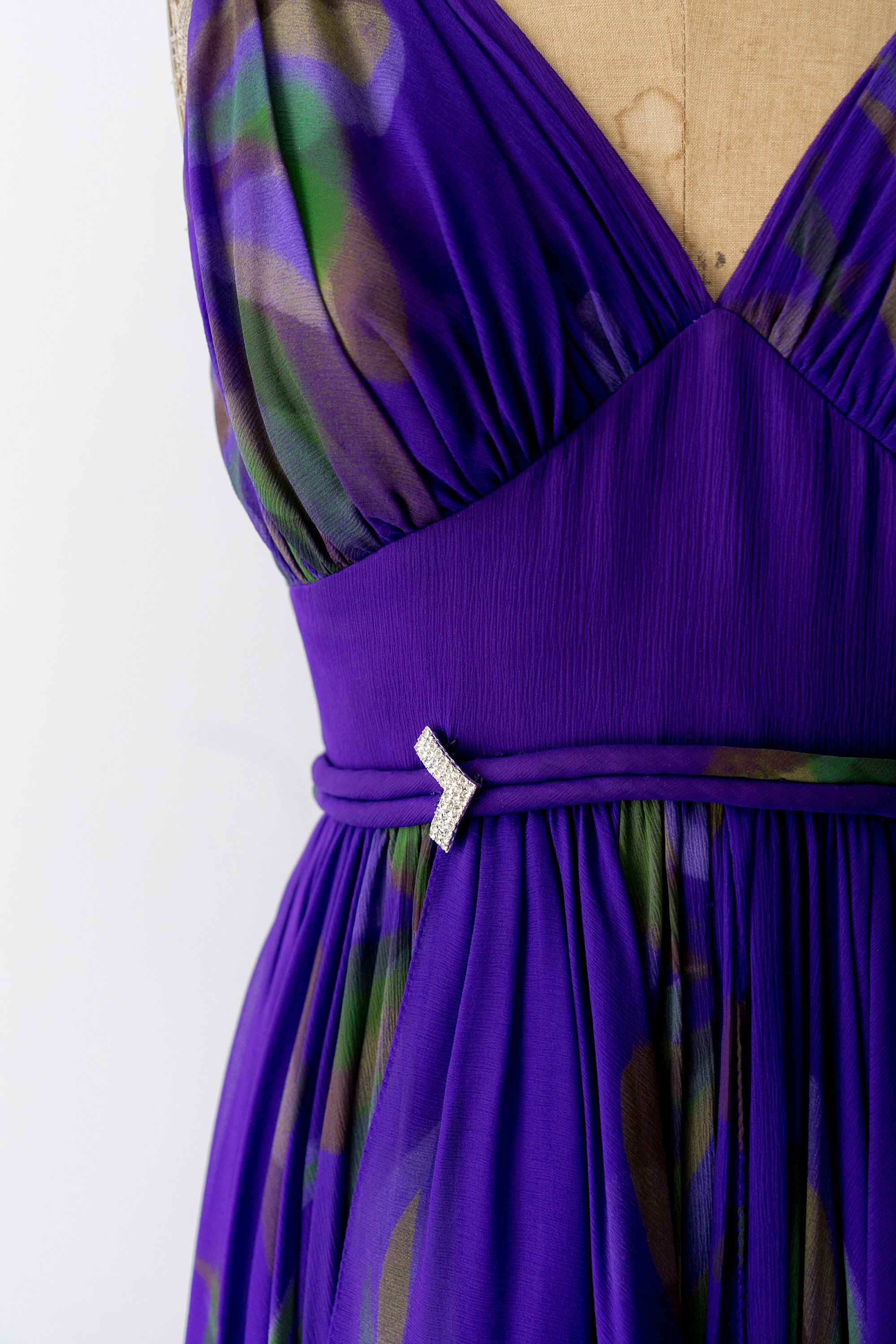 1960's Purple Chiffon Gown. 60's Watercolor Floral Dress. M ...