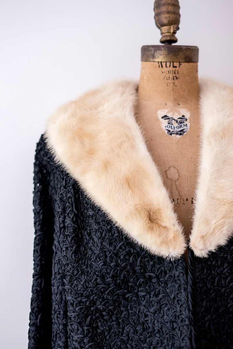 Vintage 1950 Black & Mink Coat. 50’s Cream Fur Coat. Black Ribbon ...