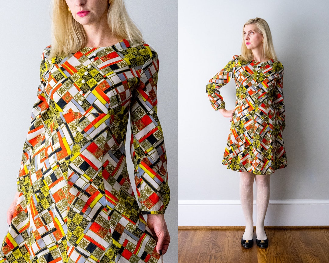 1960 Mod Mini Dress. Small. 60's Geometric Print Dress. Empire Waist ...