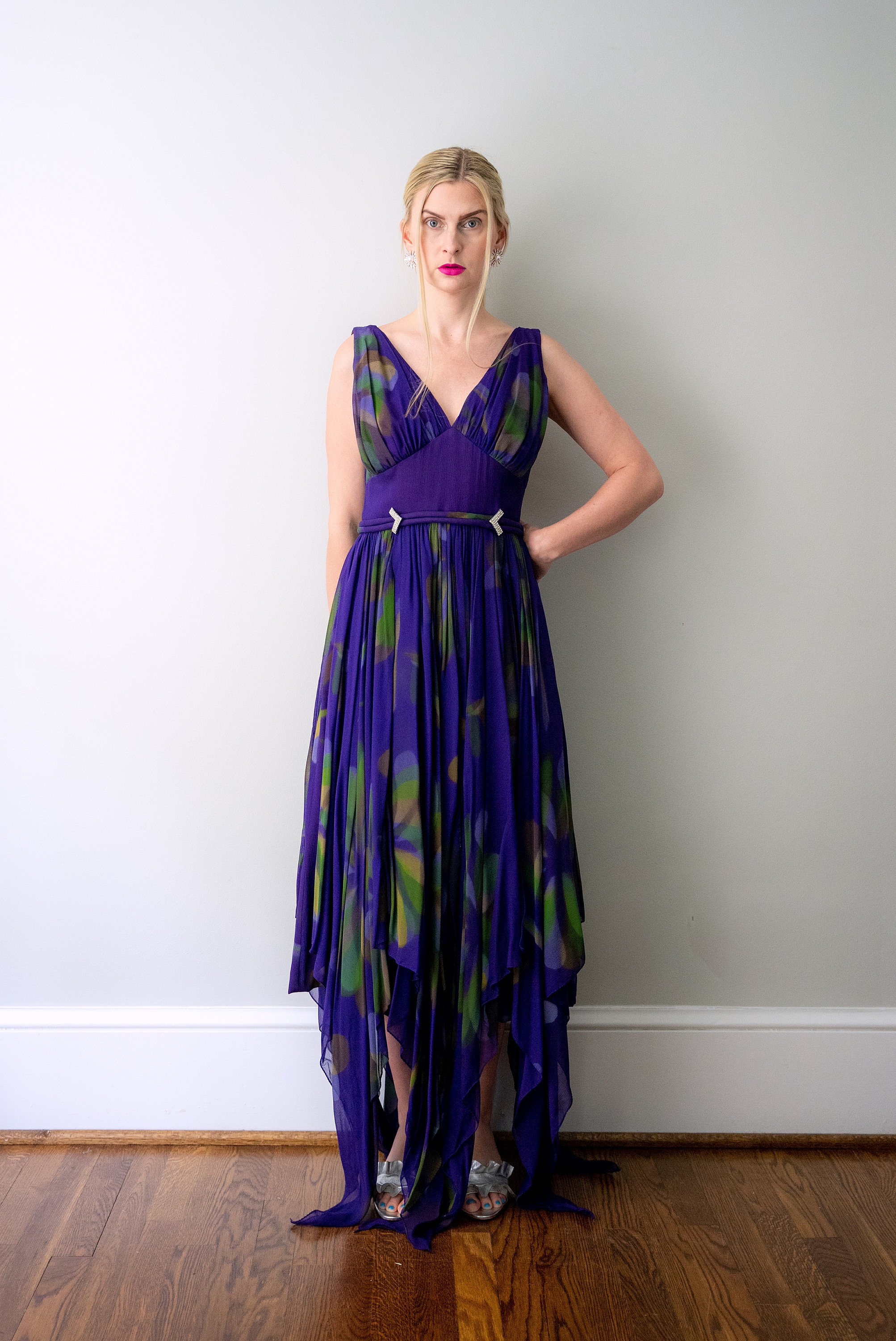 1960's Purple Chiffon Gown. 60's Watercolor Floral Dress. M ...