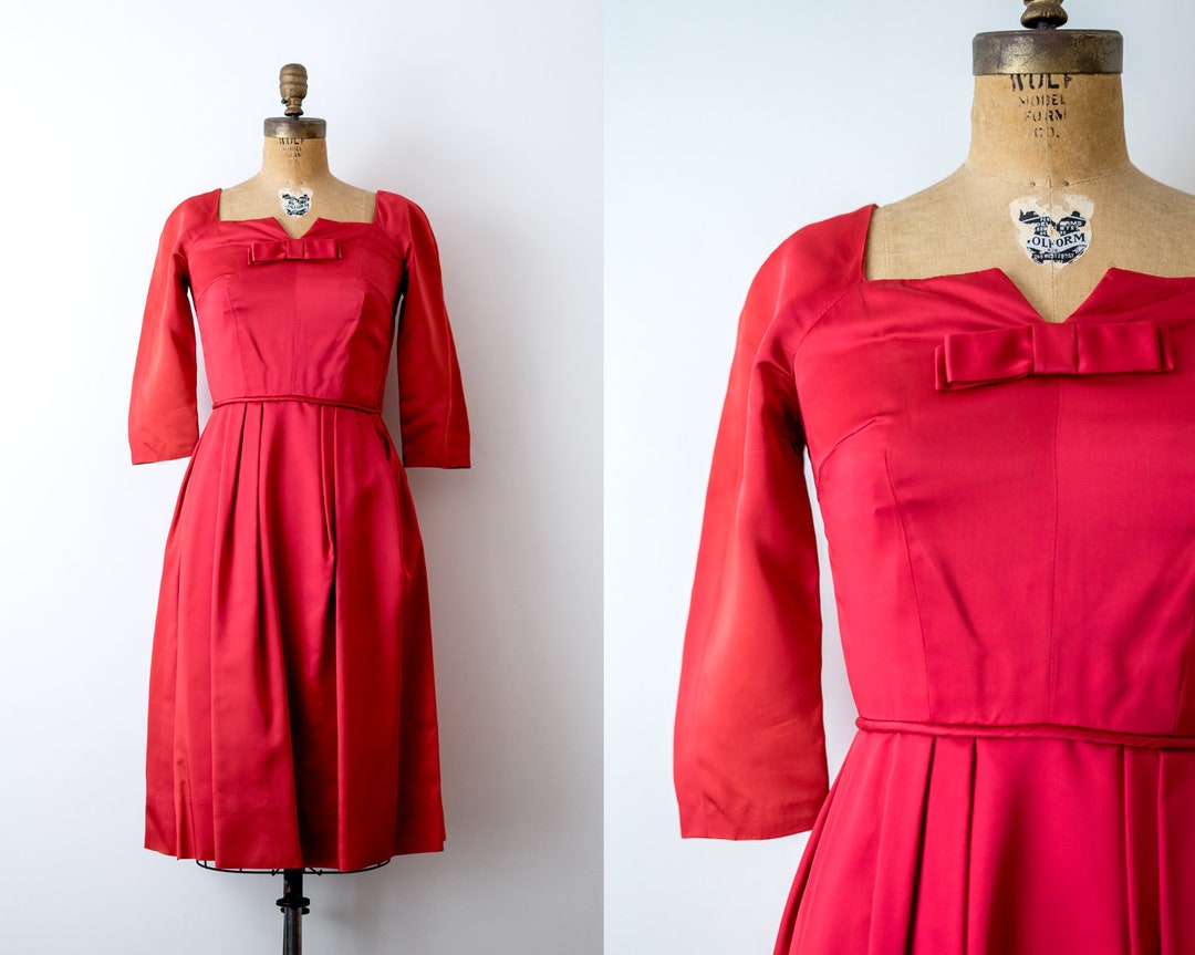 1960 Red Cocktail Dress. Vintage 60's Satin Dress. Scarlet Red Pinup ...
