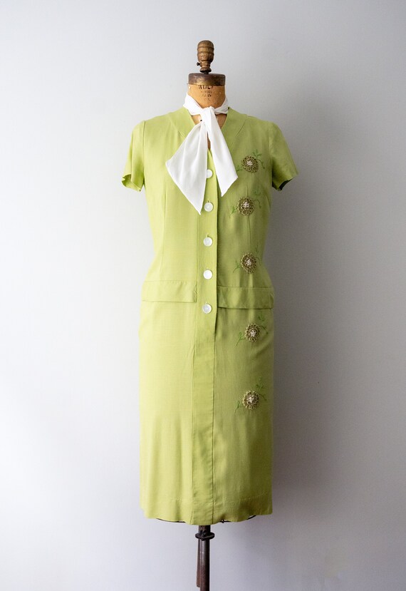 1960s green linen dress with flowers. 60s chartreuse … - Gem