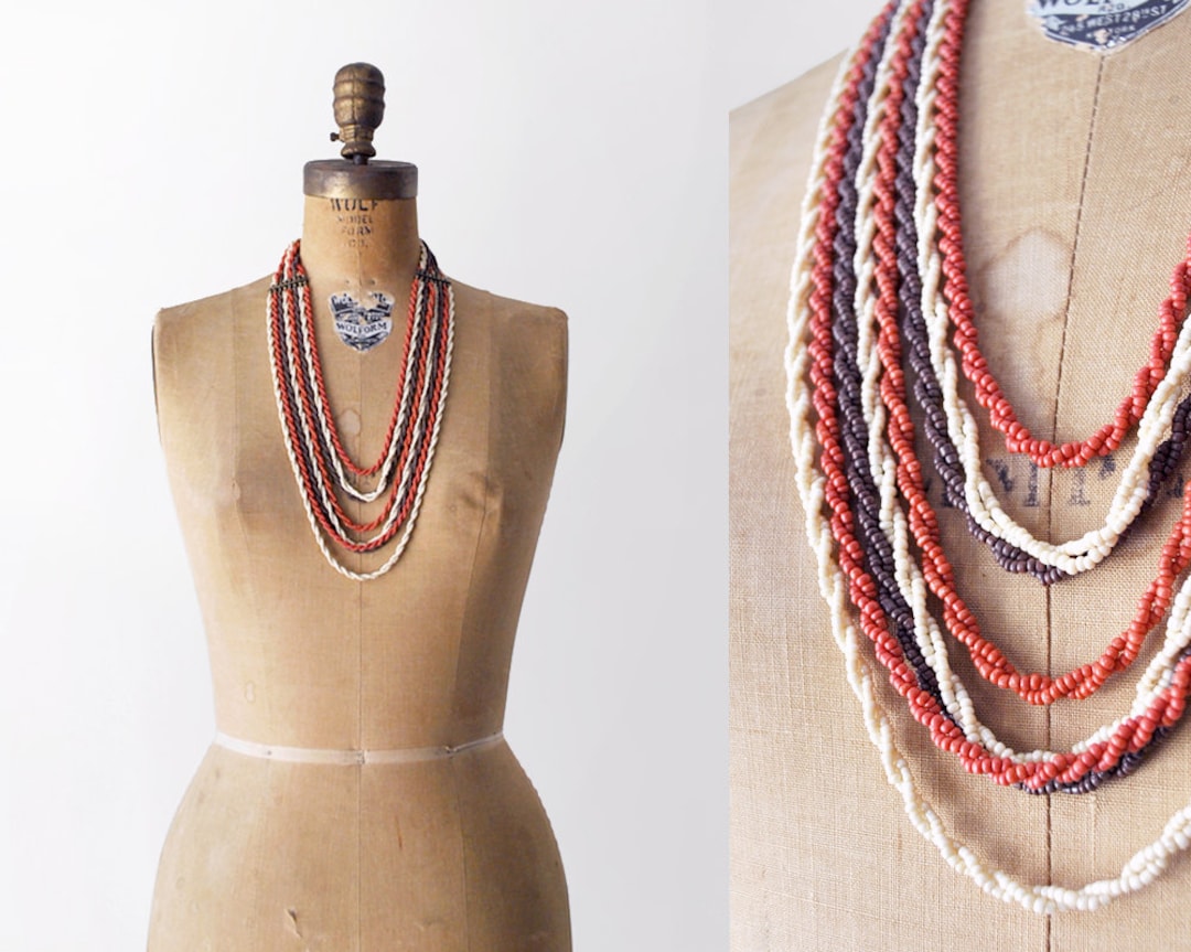 70's Beaded Necklace. 1970's Orange Necklace. Cream, Brown. Strand ...