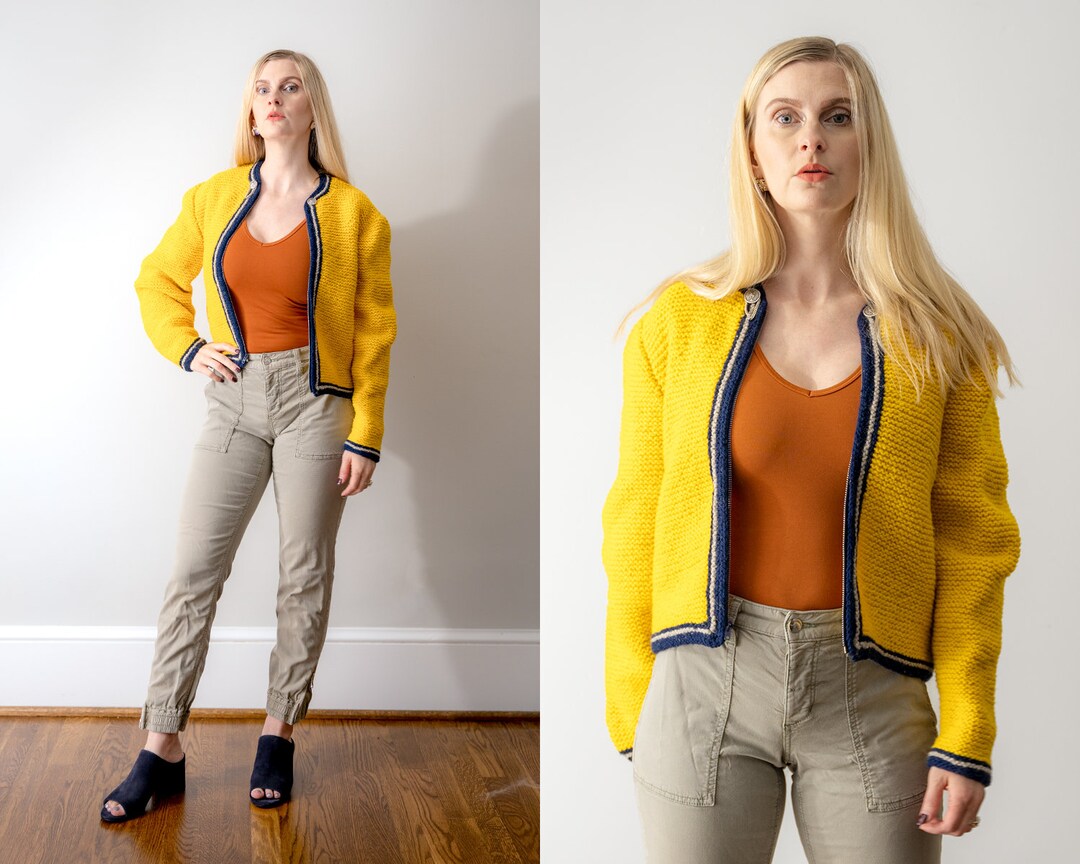 1950’s Knit Cardigan. Yellow. 50 Vintage Sweater. Navy Blue. Zipper ...
