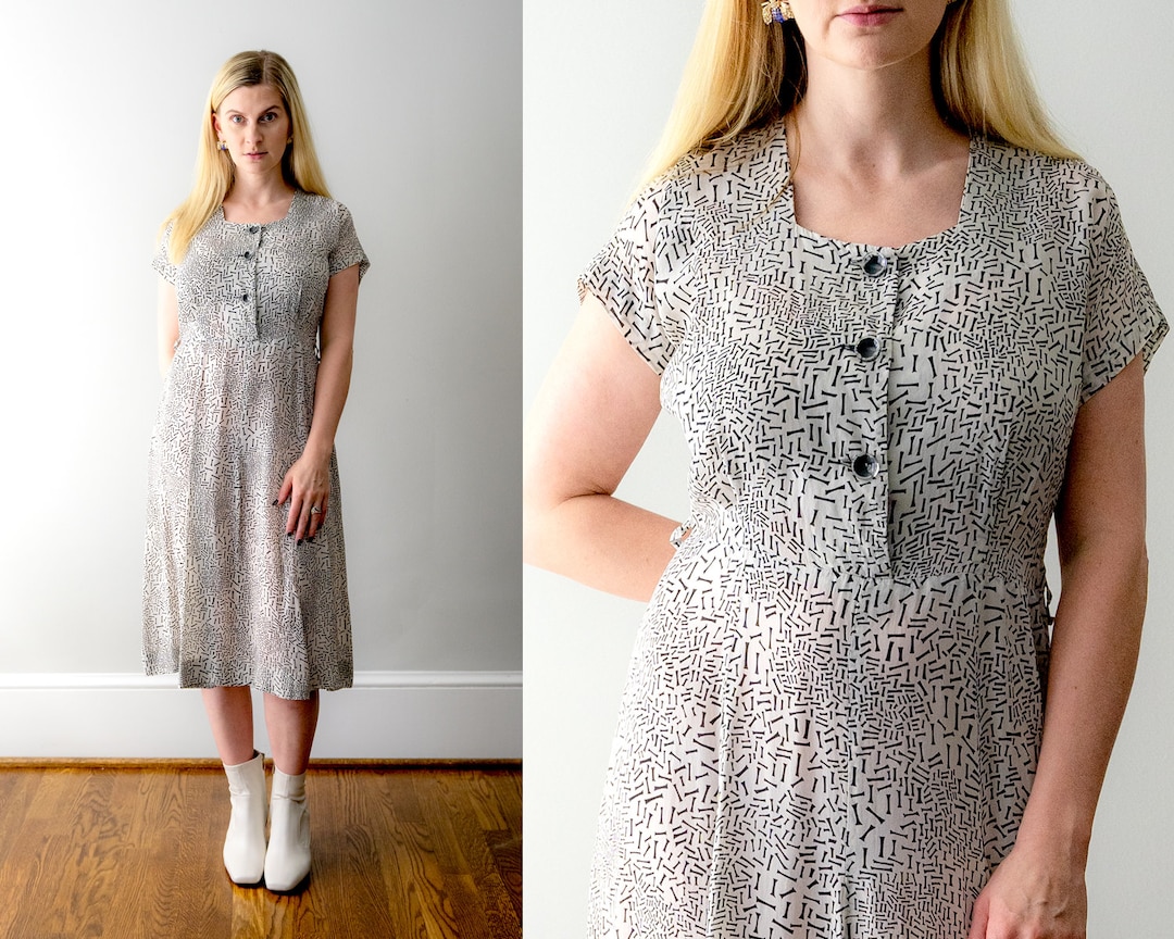 40's Print Dress. Vintage 1940 Silk Dress. Black & White Checked ...