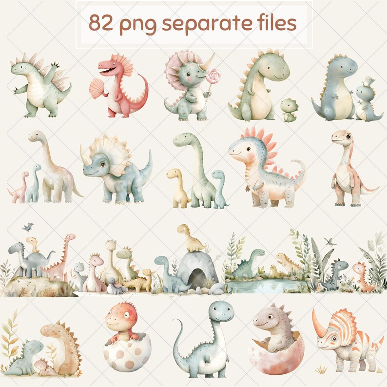 82 Watercolor Dinosaurs Clipart, Cute Dinosaurs PNG, Baby Shower ...