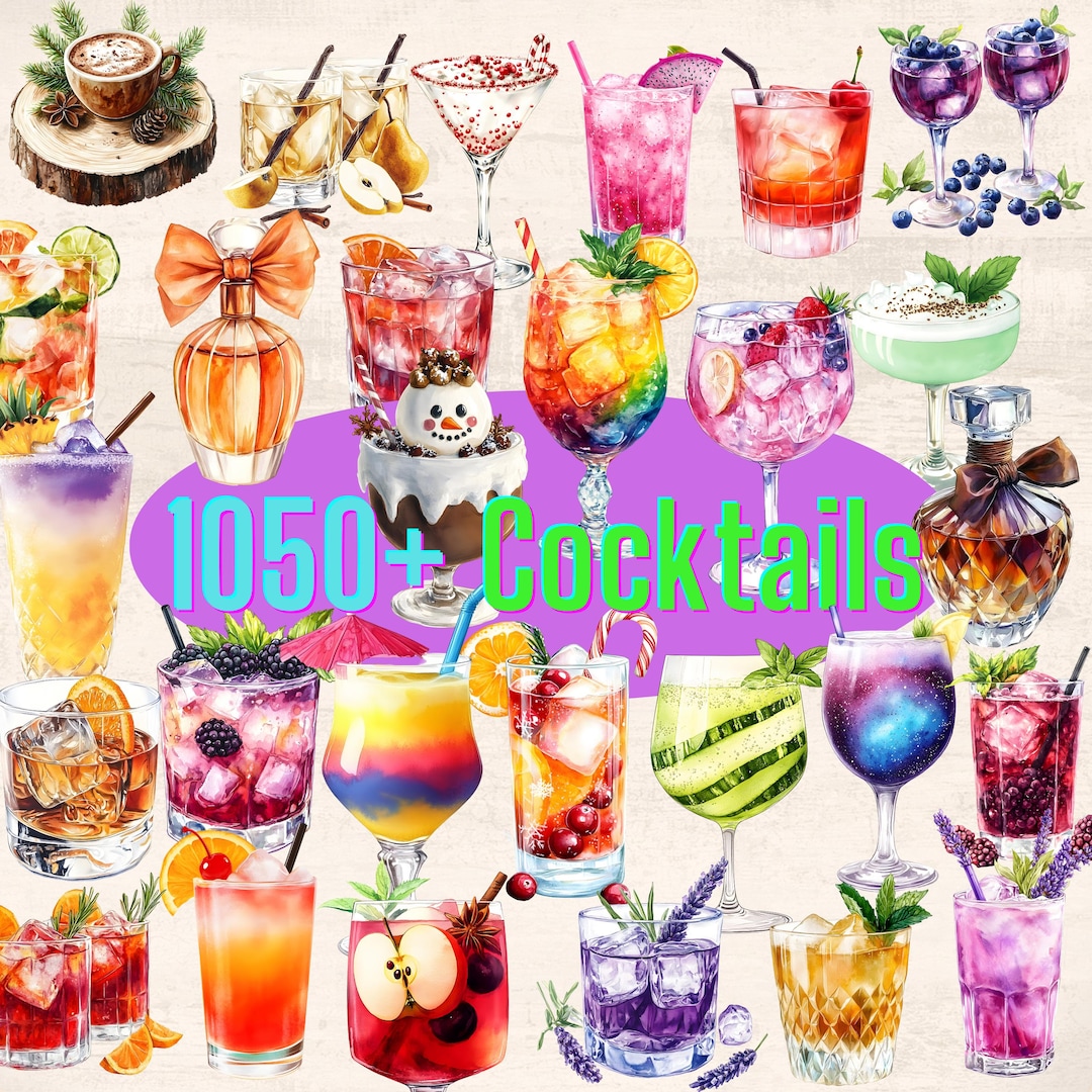 1050+ Watercolor Cocktail Clipart Bundle Bar Menu Champagne Clipart ...