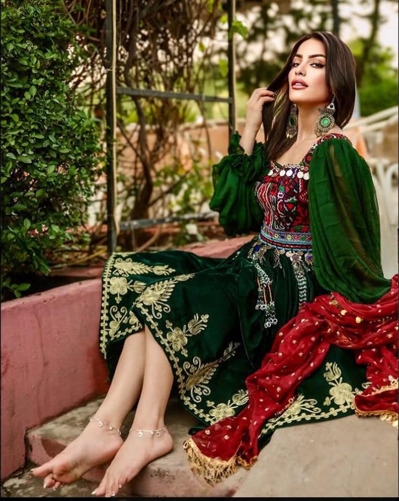 Handmade Traditional Afghan Dress | Green Velvet Embroidered Dress With ...