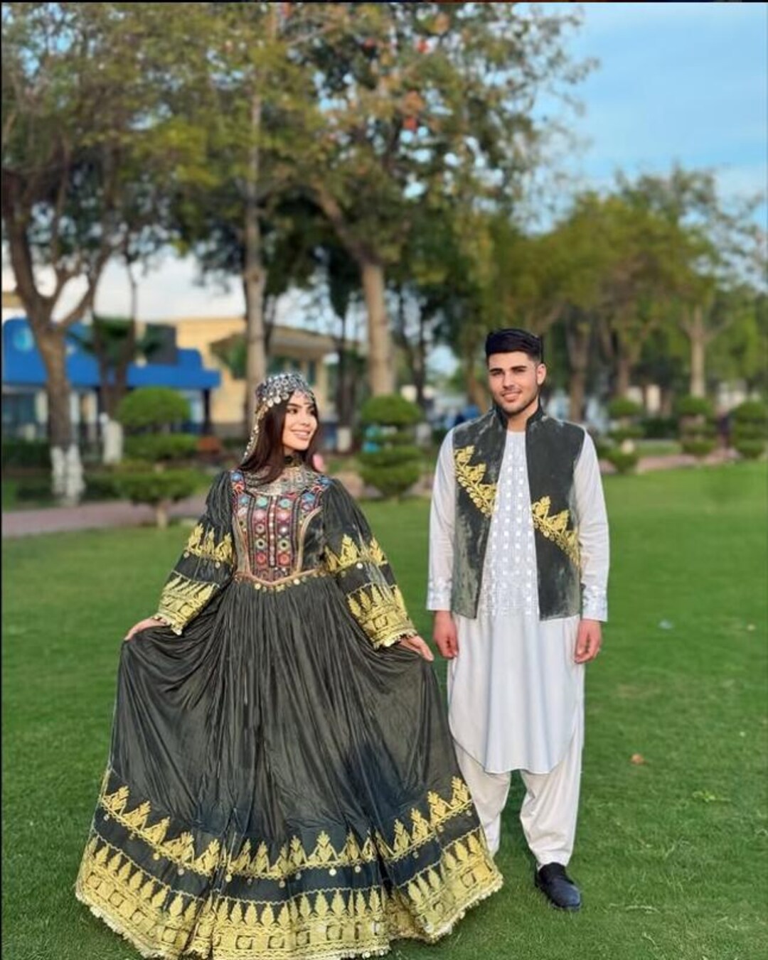 Afghan Couple Traditional Dress, Kuchi Dress & Men Waistcoat Set ...