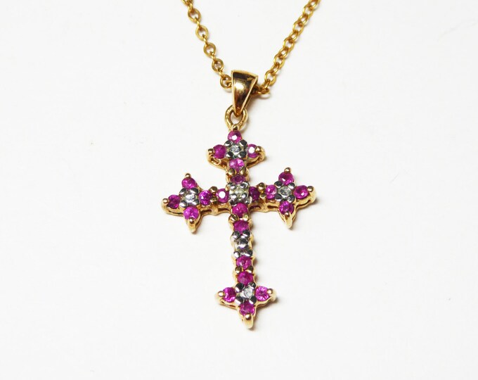 Vintage Ruby Cross Pendant & Necklace Sterling Silver W Gold Overlay ...