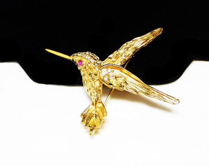 Gold Plated Hummingbird Brooch - 14K GF Bird Pin With Rhinestones ...