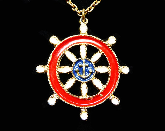 Ships Wheel Pendant Necklace - Red White and Blue Enamel - Vintage ...