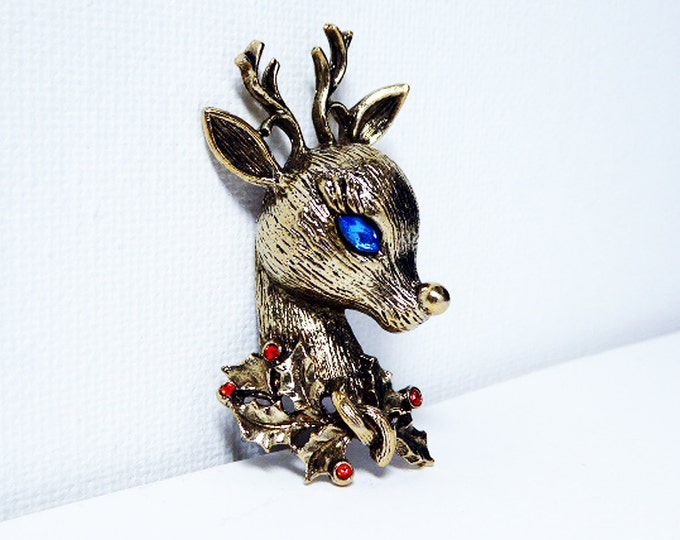 ART Reindeer Christmas Pin Blue Eyed Deer Head Pin, Red Rhinestone ...