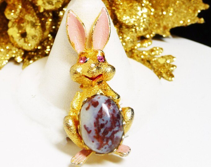 Vintage Bunny Rabbit Brooch With Oval Art Glass Egg - Pink Rabbit Ears ...