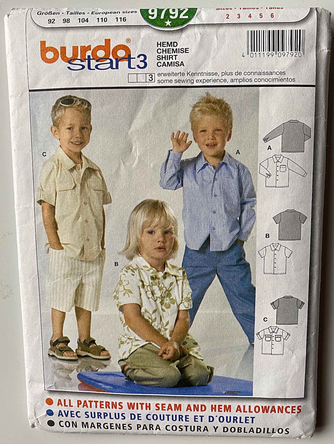 RARE Child's Shirt Burda 9792 Sewing Pattern Precut/complete Sizes 2-3 ...